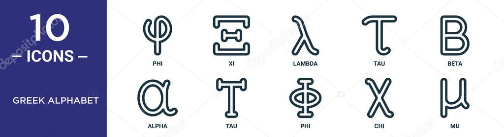 conjunto de iconos de esquema de alfabeto griego incluye phi línea ...