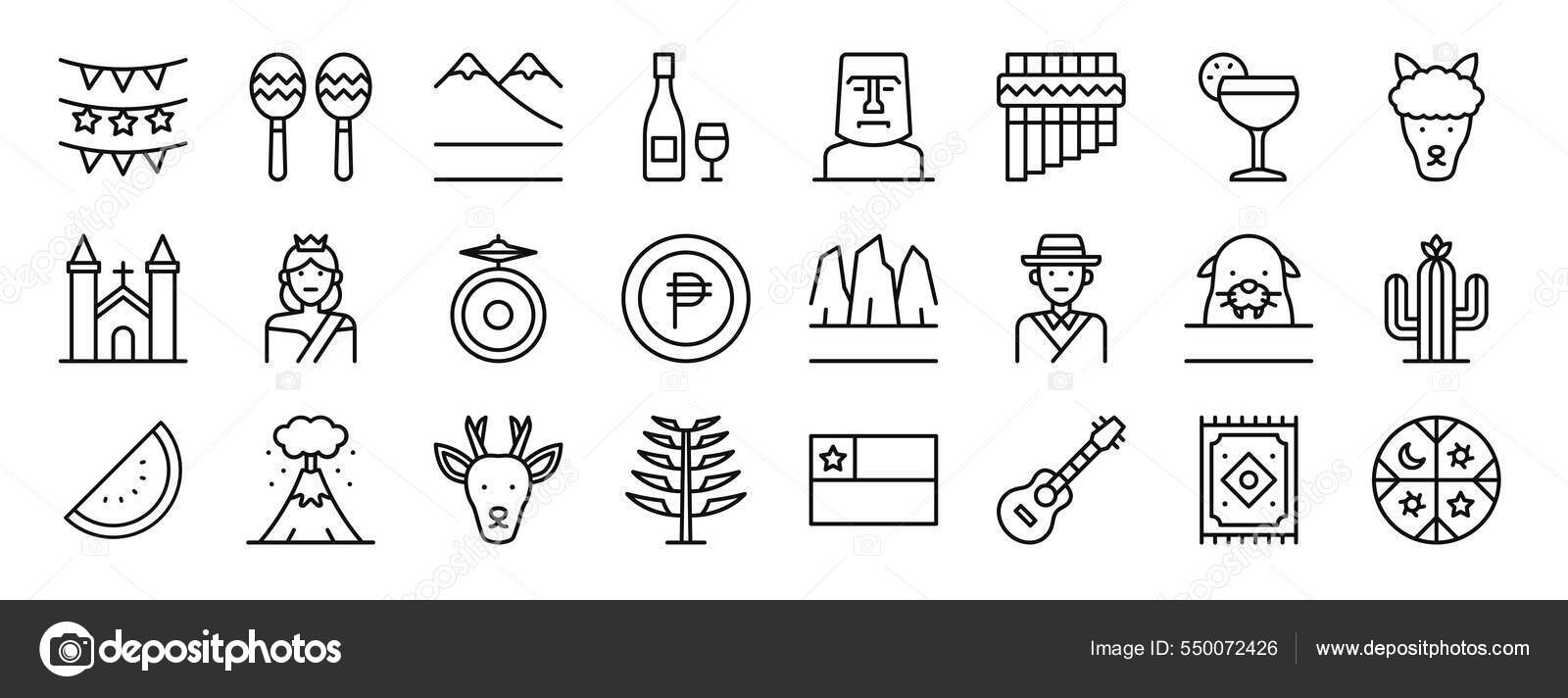 Conjunto Iconos Chile Web Esquema Como Guirnalda Maracas Andes Vino ...