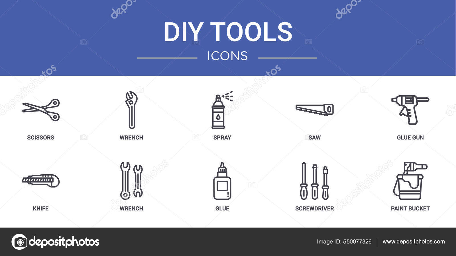 Set Outline Web Diy Tools Icons Scissors Wrench Spray Saw Stock Vector ...