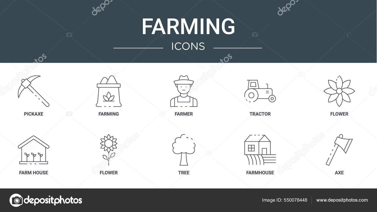 Set Outline Web Farming Icons Pickaxe Farming Farmer Tractor Flower ...