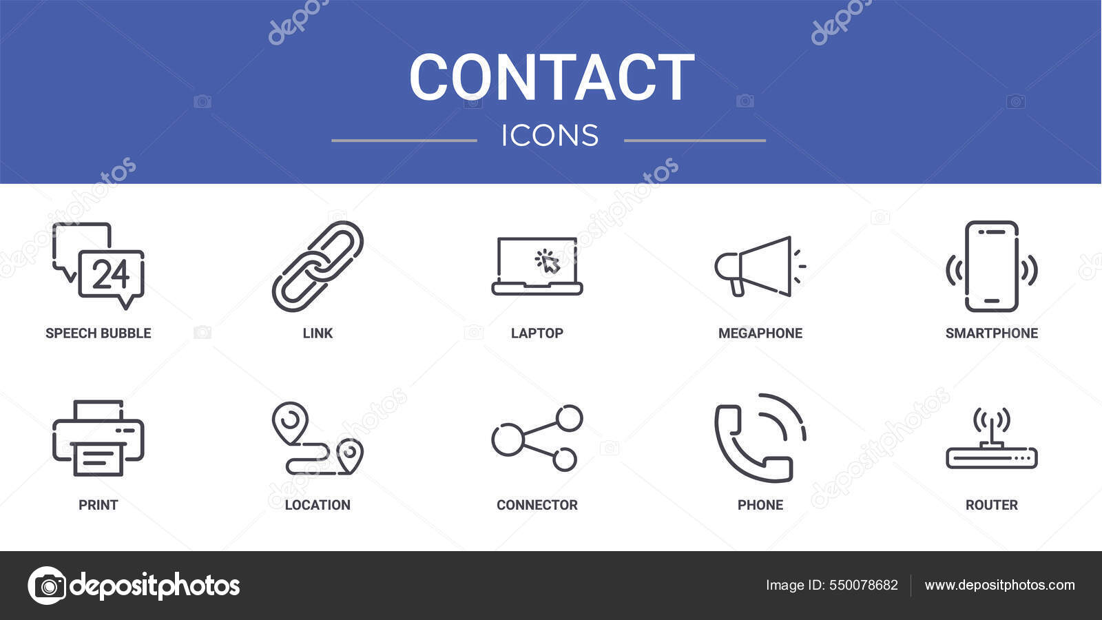 Set Outline Web Contact Icons Speech Bubble Link Laptop Megaphone Stock ...