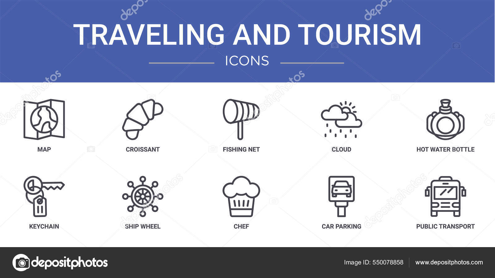 Set Outline Web Traveling Tourism Icons Map Croissant Fishing Net Stock ...