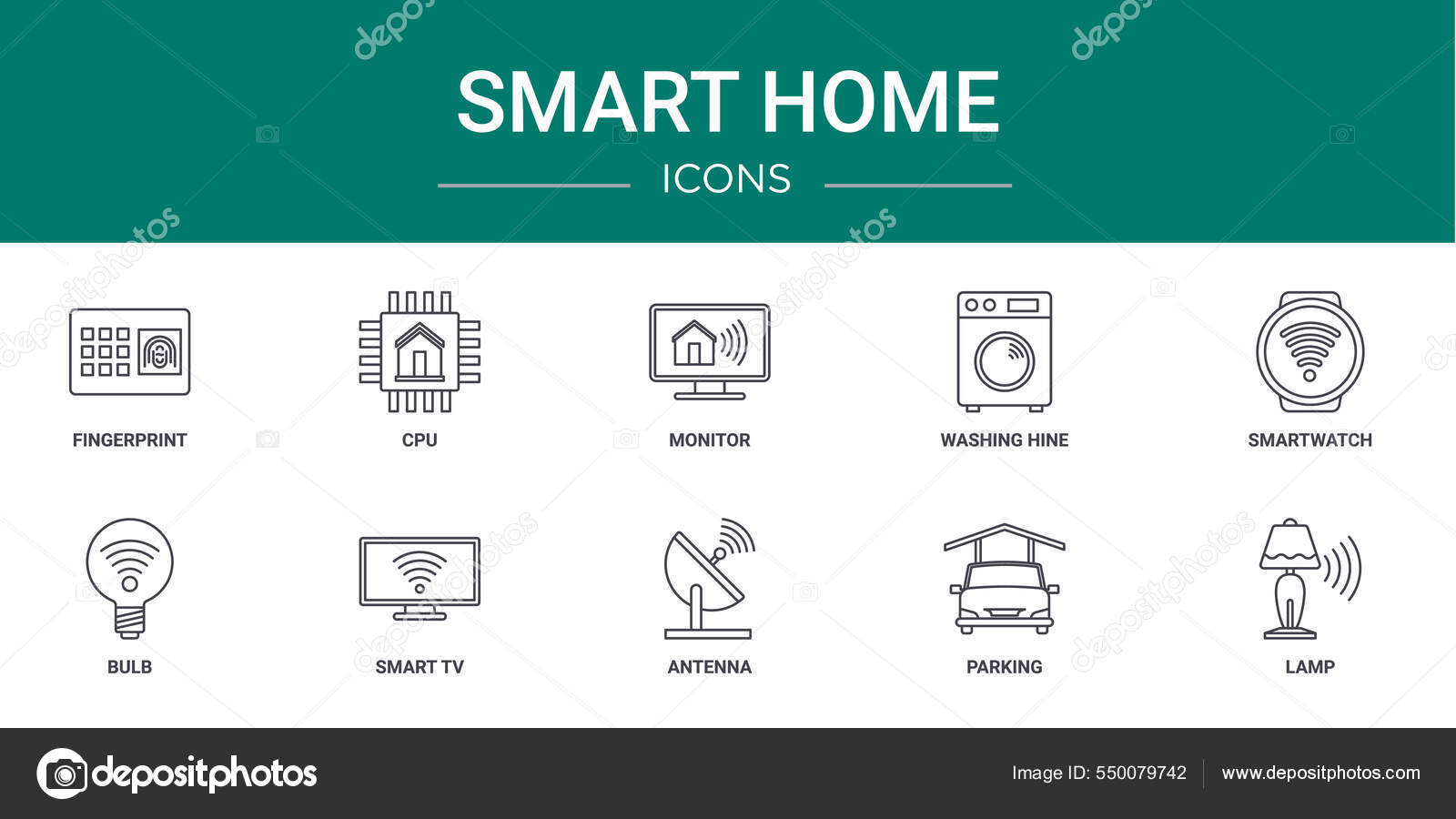 Set Outline Web Smart Home Icons Fingerprint Cpu Monitor Washing Stock ...