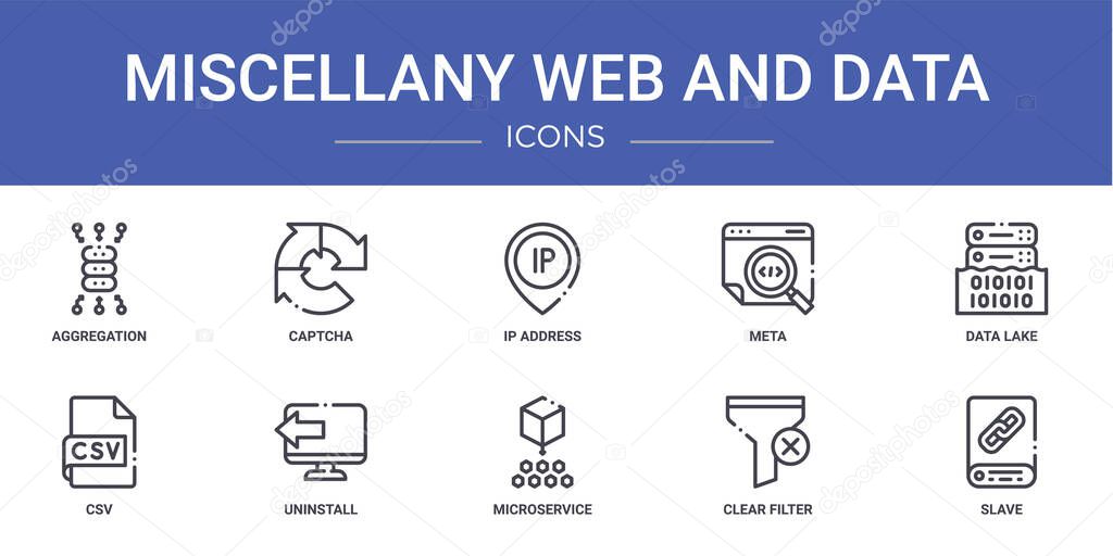 conjunto de 10 contorno web miscellany web y los iconos de datos como la agregación, captcha ...
