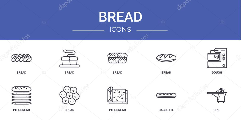 conjunto de 10 iconos de pan web esquema como pan, pan, masa, pita ...