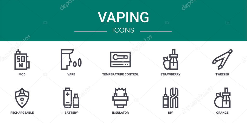 conjunto de 10 iconos de vapeo web esquema tales como mod, vape, control de temperatura, fresa ...