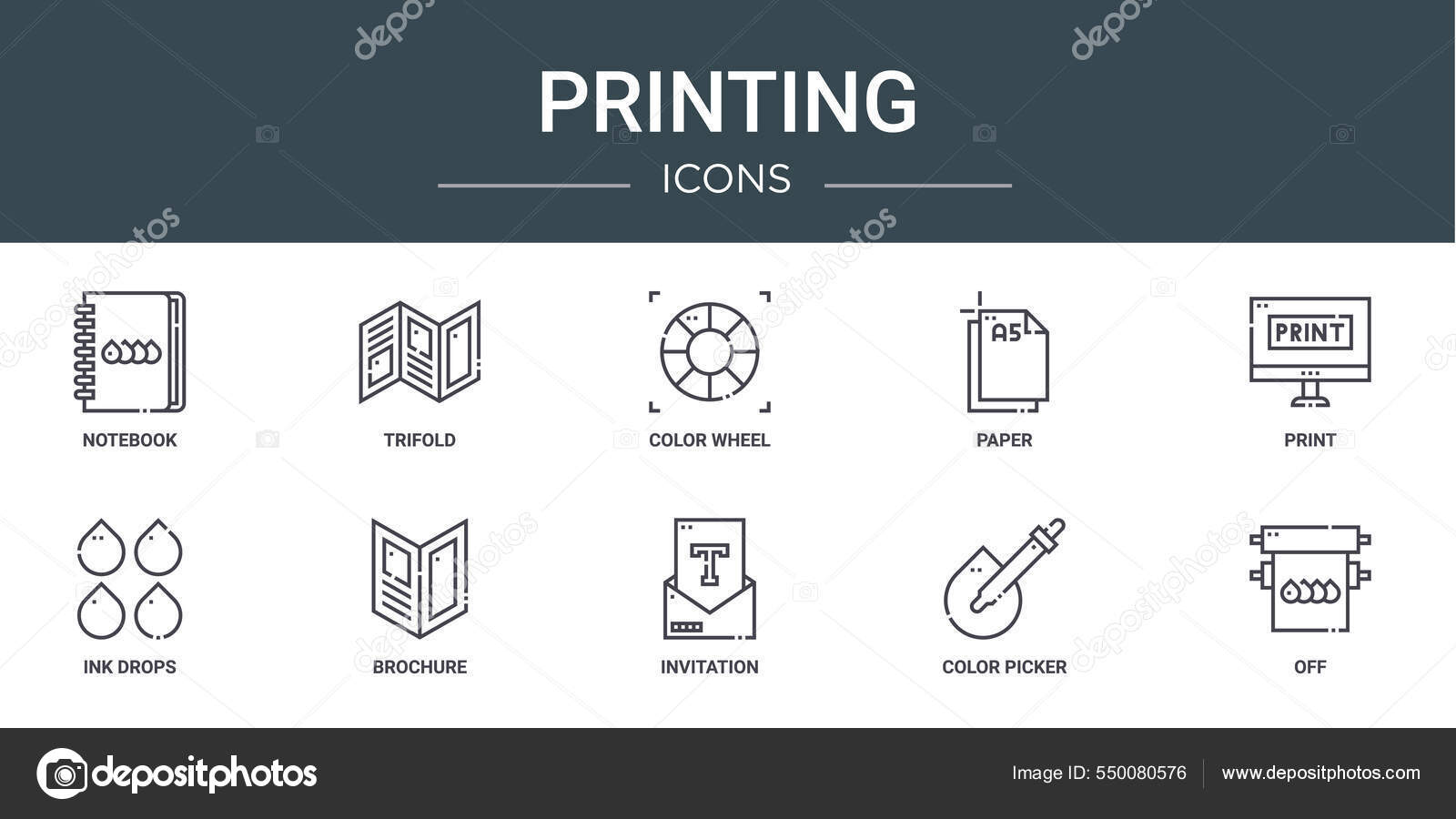 Set Outline Web Printing Icons Notebook Trifold Color Wheel Paper Stock ...