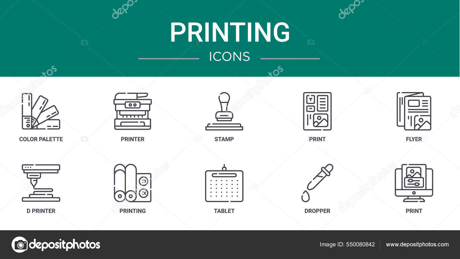 Set Outline Web Printing Icons Color Palette Printer Stamp Print Stock ...