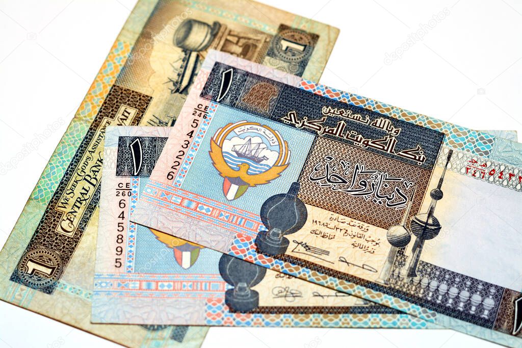 Obverse and reverse sides of 1 KWD one Kuwaiti dinar banknote cash ...