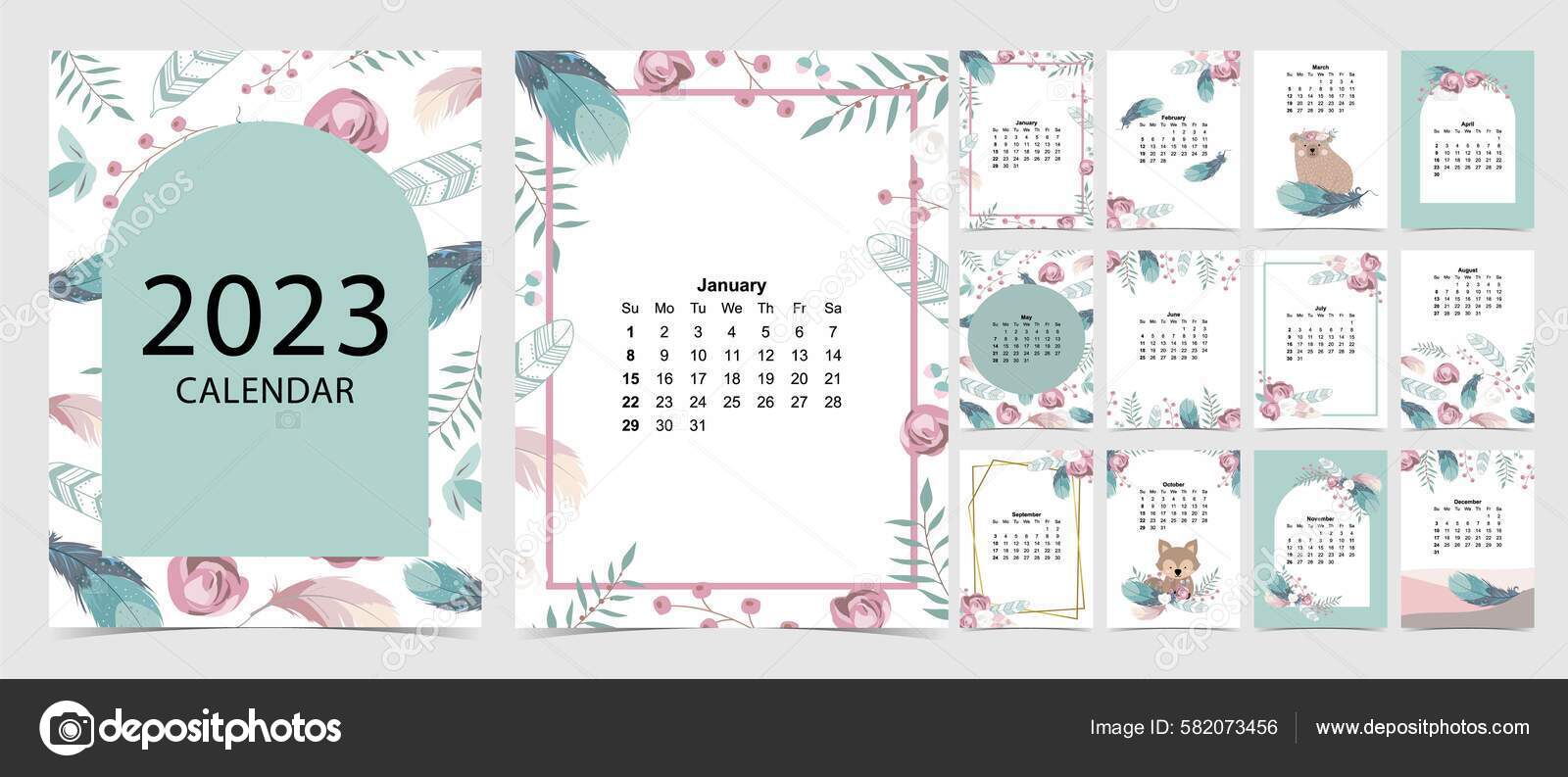 2023 Table Calendar Week Start Sunday Color Flower Use Vertical Stock ...