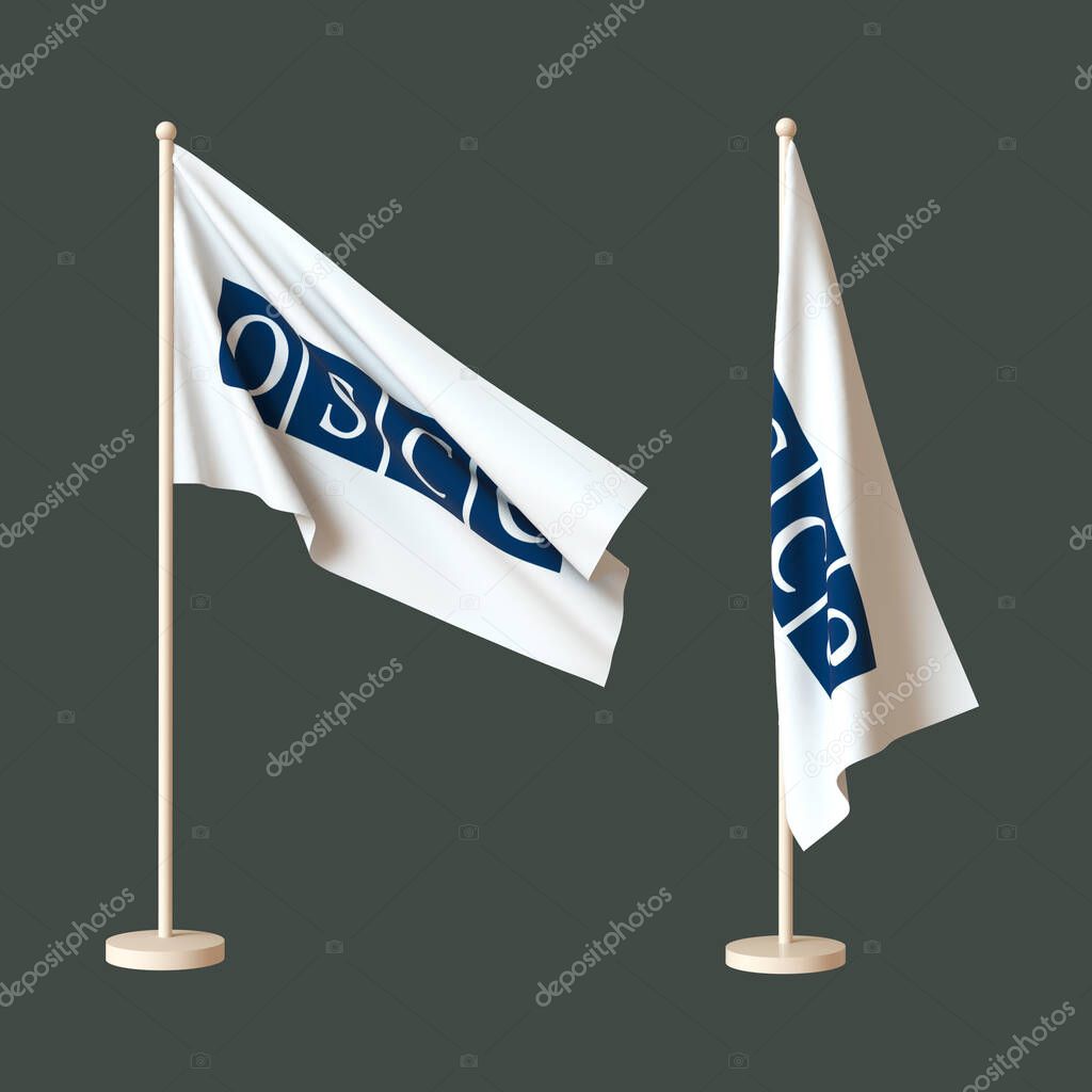 Two flags of OSCE on a neutral background - one fluttering on a ...