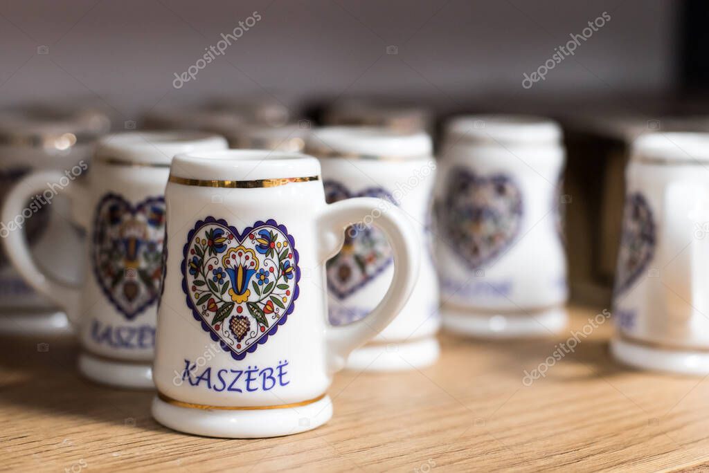 Small beer mugs with folklore symbols, a souvenir from Kashubia. 2023