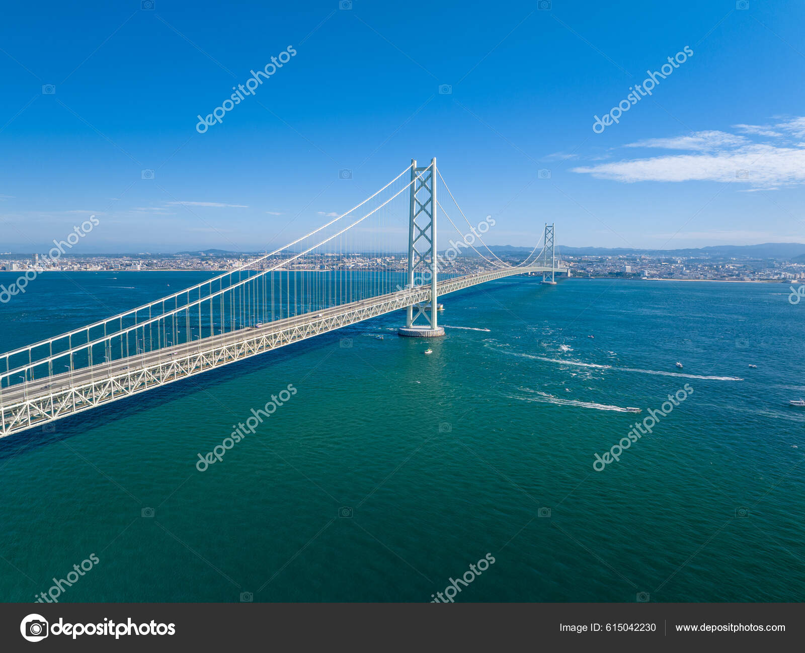 Small Boats Sail Long Suspension Bridge Sunny Day High Quality Stock ...