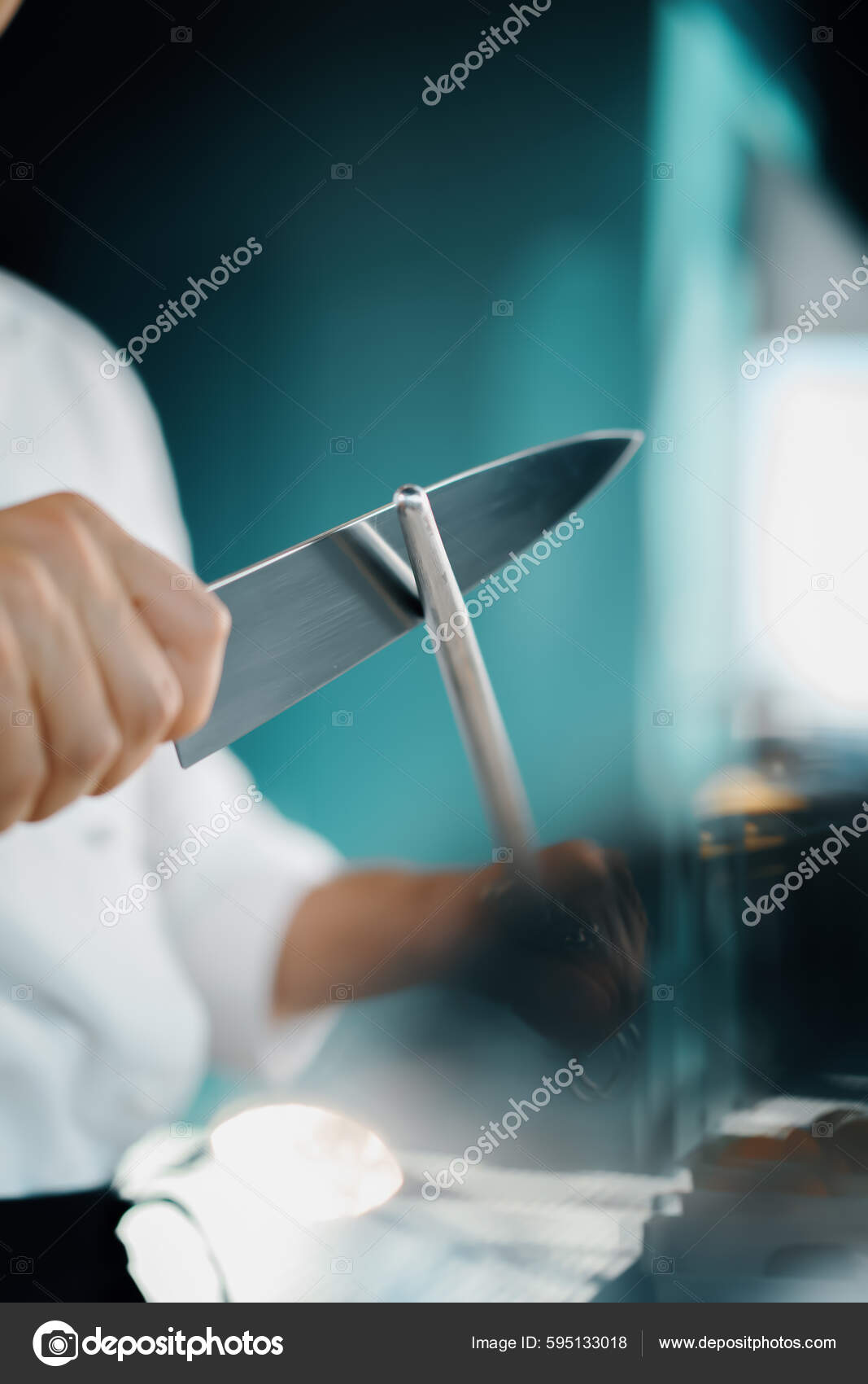 Professional Restaurant Kitchen Male Chef Sharpening Knife Stock Photo ...