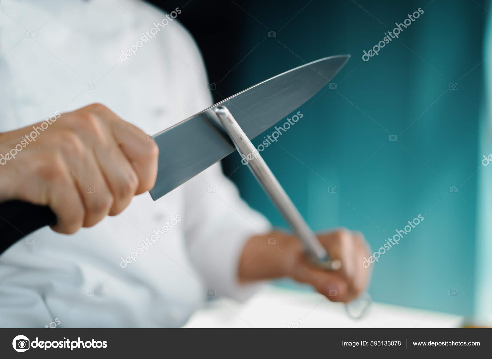 Professional Restaurant Kitchen Male Chef Sharpening Knife Stock Photo ...