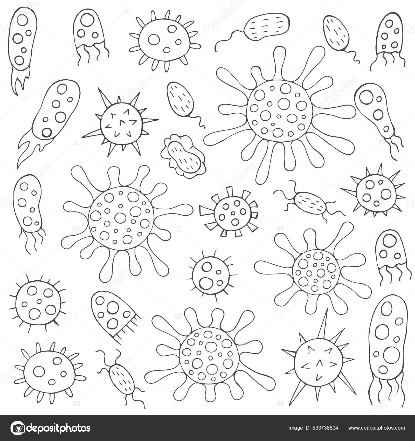 Coloring Set Design Elements Set Cartoon Microbes Hand Draw Style Stock ...