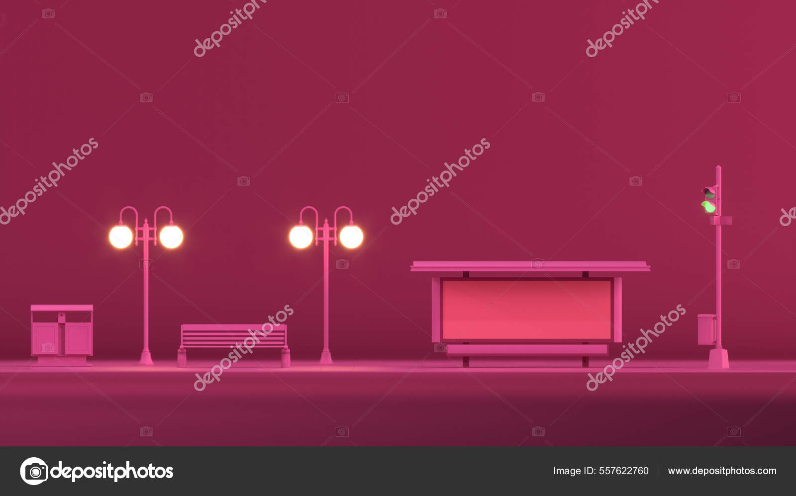 City Bus Stop Park Bench Street Light Pink Background Creative — Stock ...