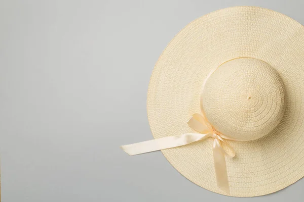 Beautiful Straw Hat Ribbon Bow Color Background Top View — Stock Photo ...