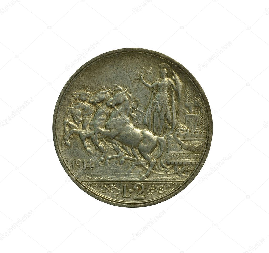 Reverse of 2 Lira coin made by Italy, that shows A female warrior ...