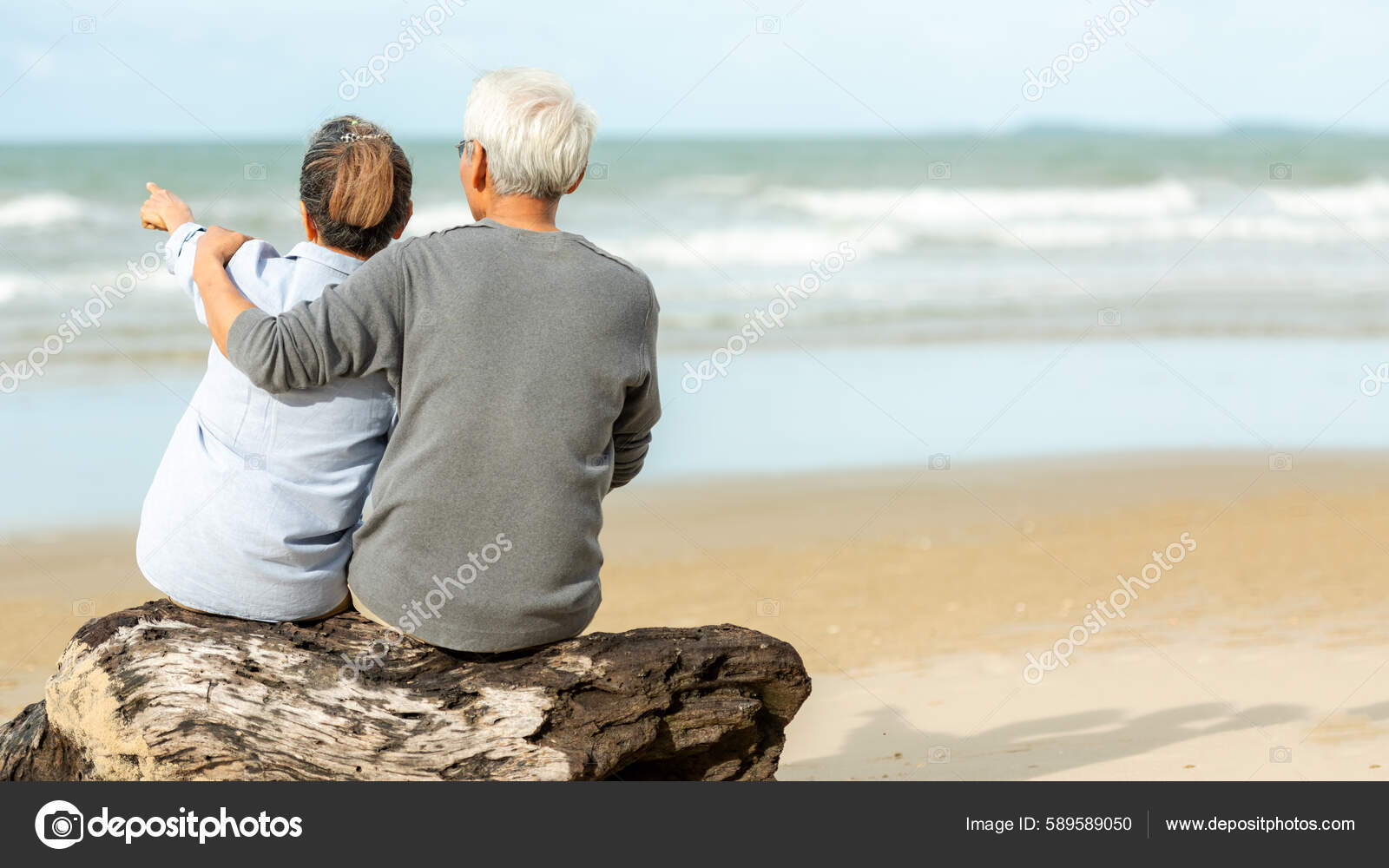 Asian Lifestyle Senior Couple Hug Sitting Beach Happy Love Romantic