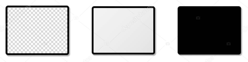 Set of realistic models table with transparent screens, table mockup ...