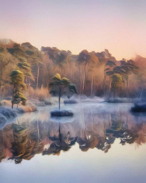 Watercolor and pastel drawing Finland nature landscape, mystical foggy ...