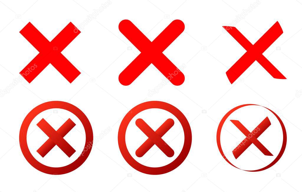 Conjunto de elementos icono de símbolos de cruz roja. Botón No o X en ...