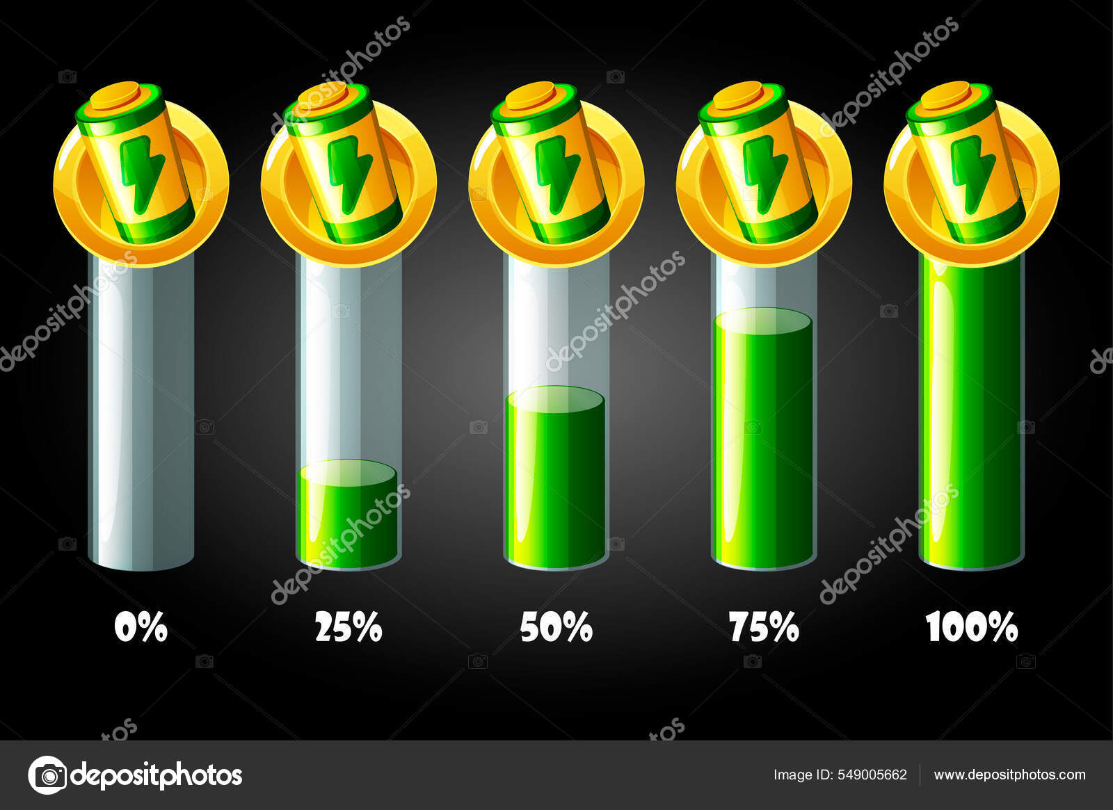 Battery Energy Scale Bar Gold Icons Game Vector Illustration Set Stock ...