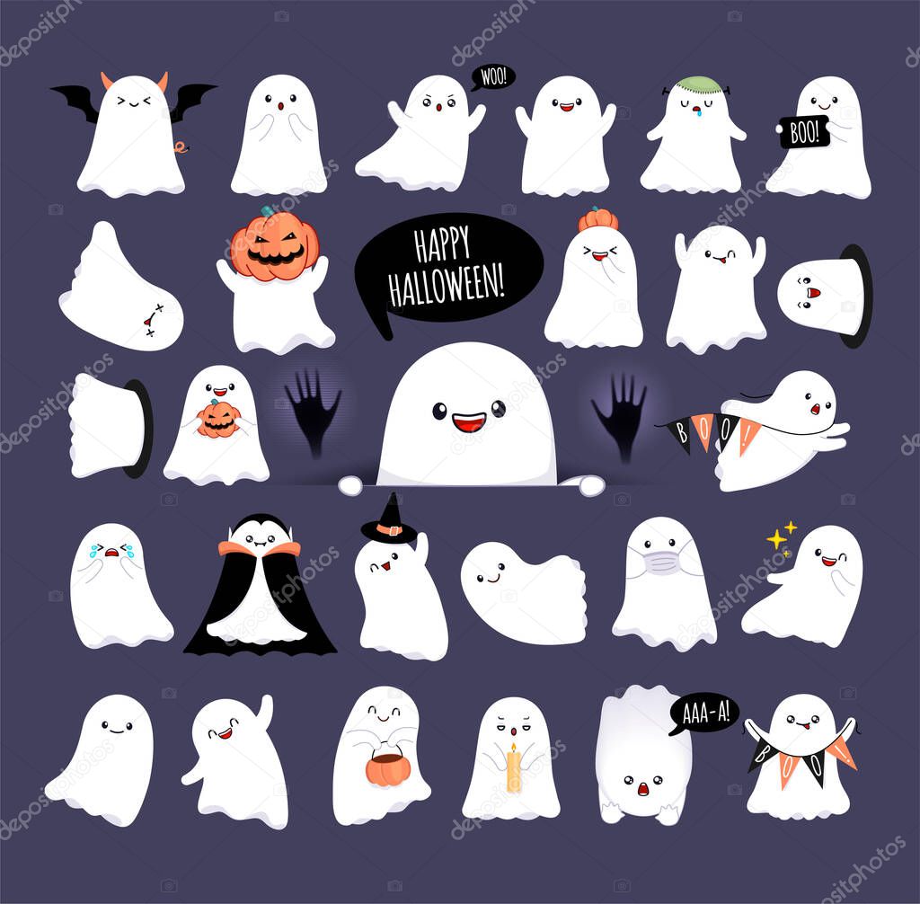 Colección de fantasmas felices lindos con diferentes emociones y ...
