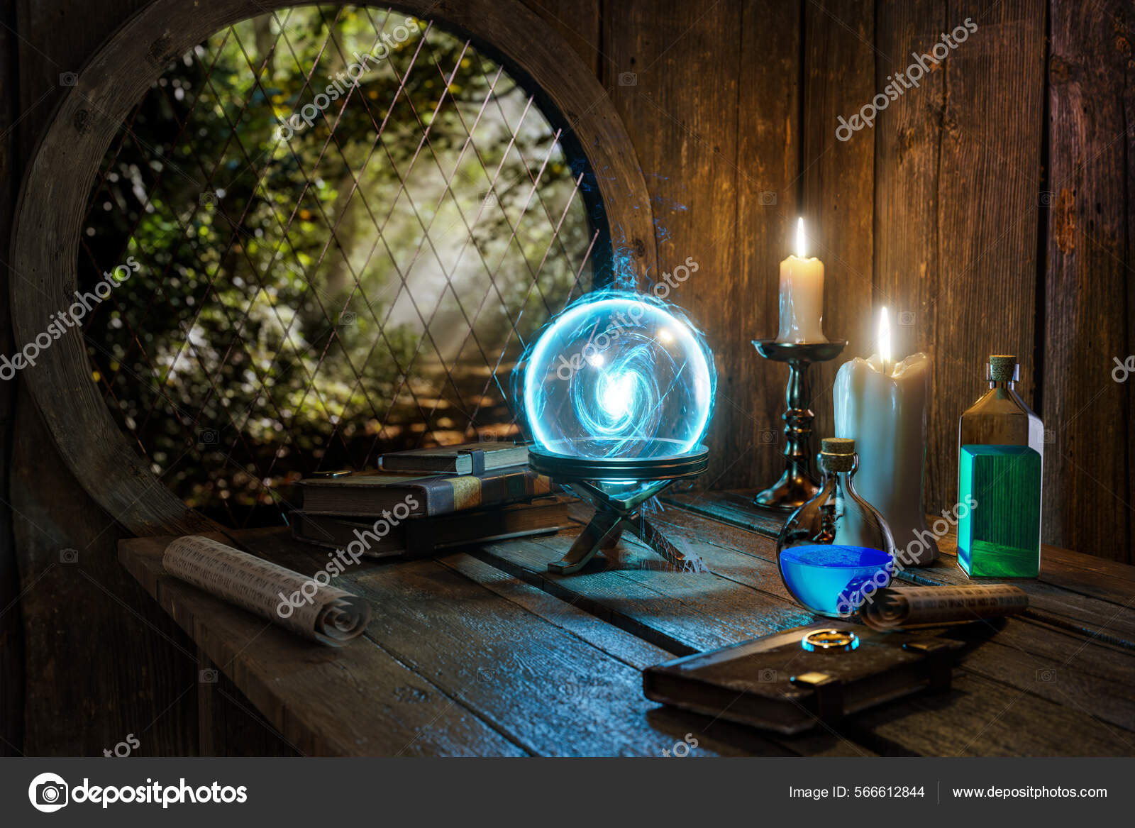 Spell Book Crystal Mystic Light Ball Magic Ring Magic Potions — Stock ...