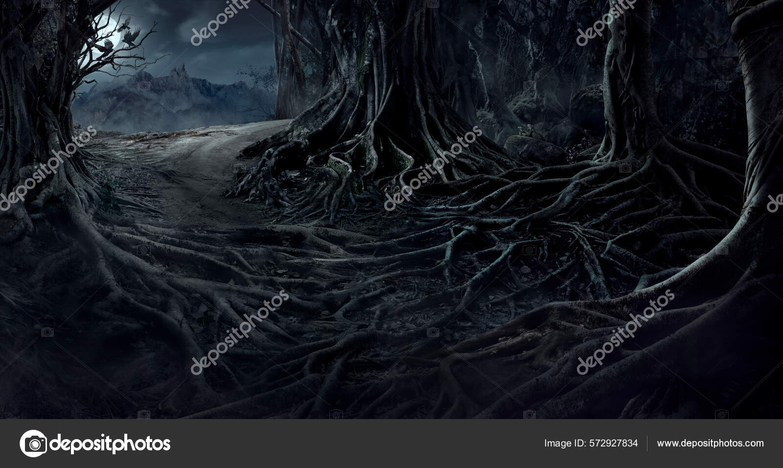 Creepy Trees Twisted Roots Night Jungle Forest Scary Concept Stock ...