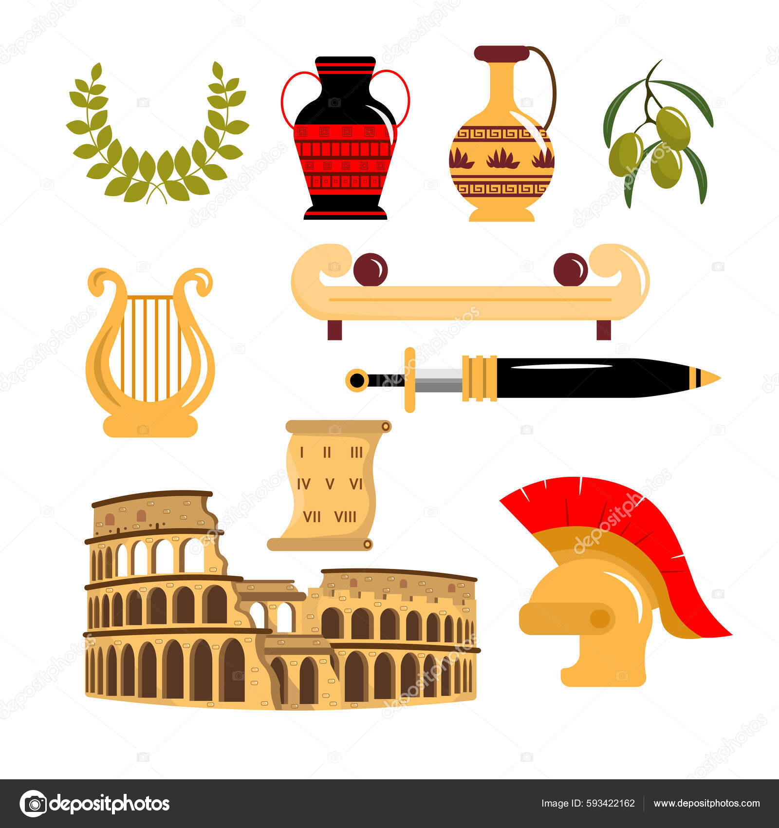 Set Equipment Ancient Romans Cartoon Style Vector Illustration Wreaths ...