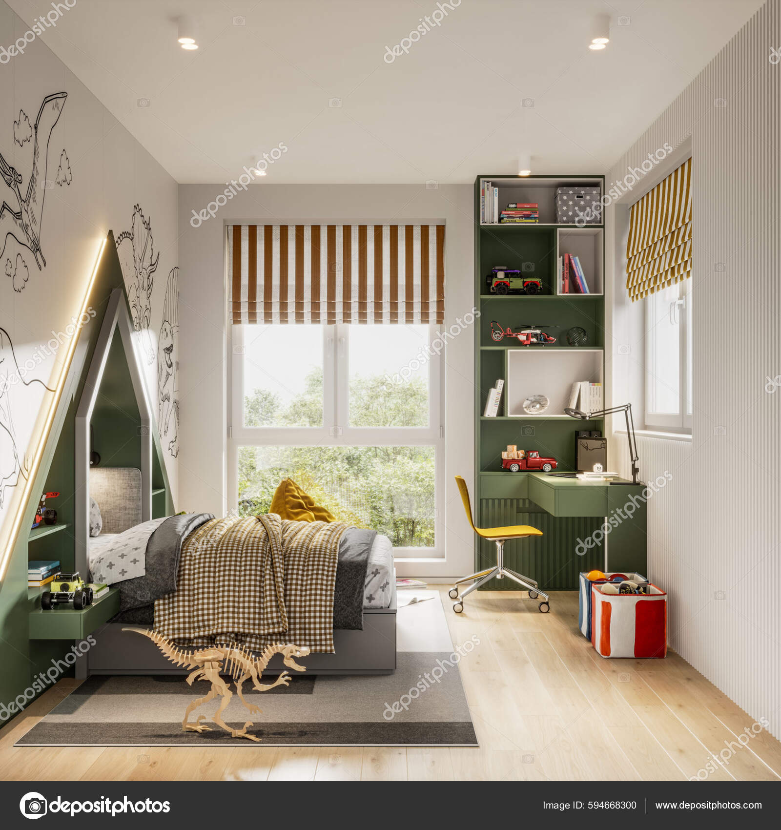 Kids Room Interior Bed Study Table Window Render Children's Room Stock ...