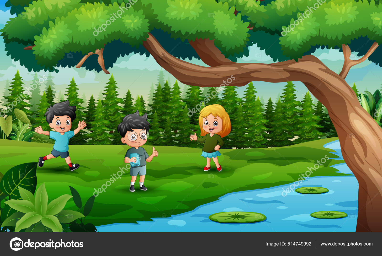 Crianças Felizes Brincando Beira Rio Ilustração vetor(es) de stock de ...