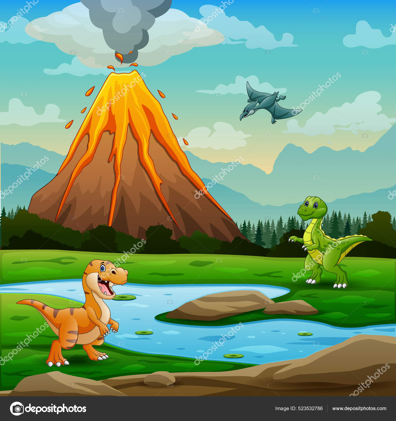 Cute Dinosaurs Volcano Erupting Background Illustration Stock Vector ...