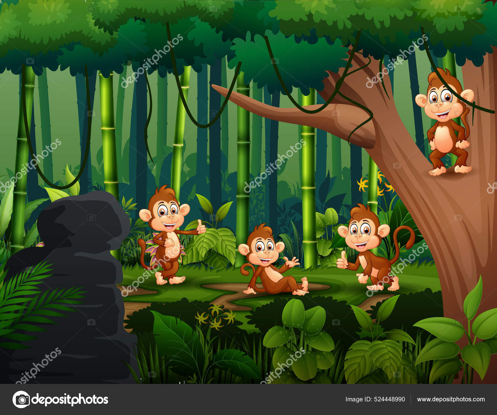 Monos Dibujos Animados Jugando Selva Vector de stock #524448990 de ©dualoro