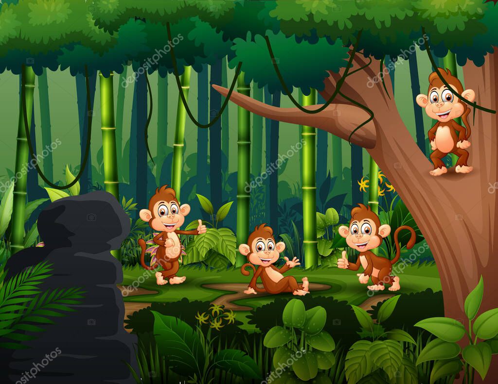 Monos Dibujos Animados Jugando Selva Vector de stock por ©dualoro 524448990