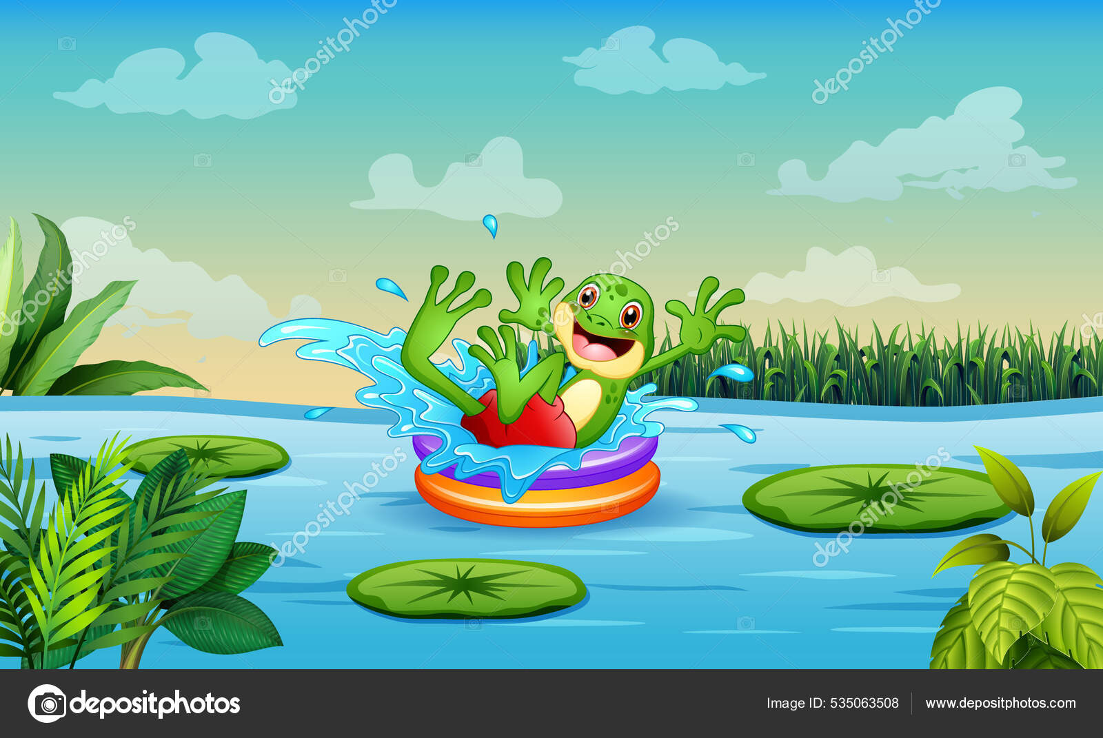 Dibujos Animados Rana Feliz Círculo Inflable Río vector, gráfico ...
