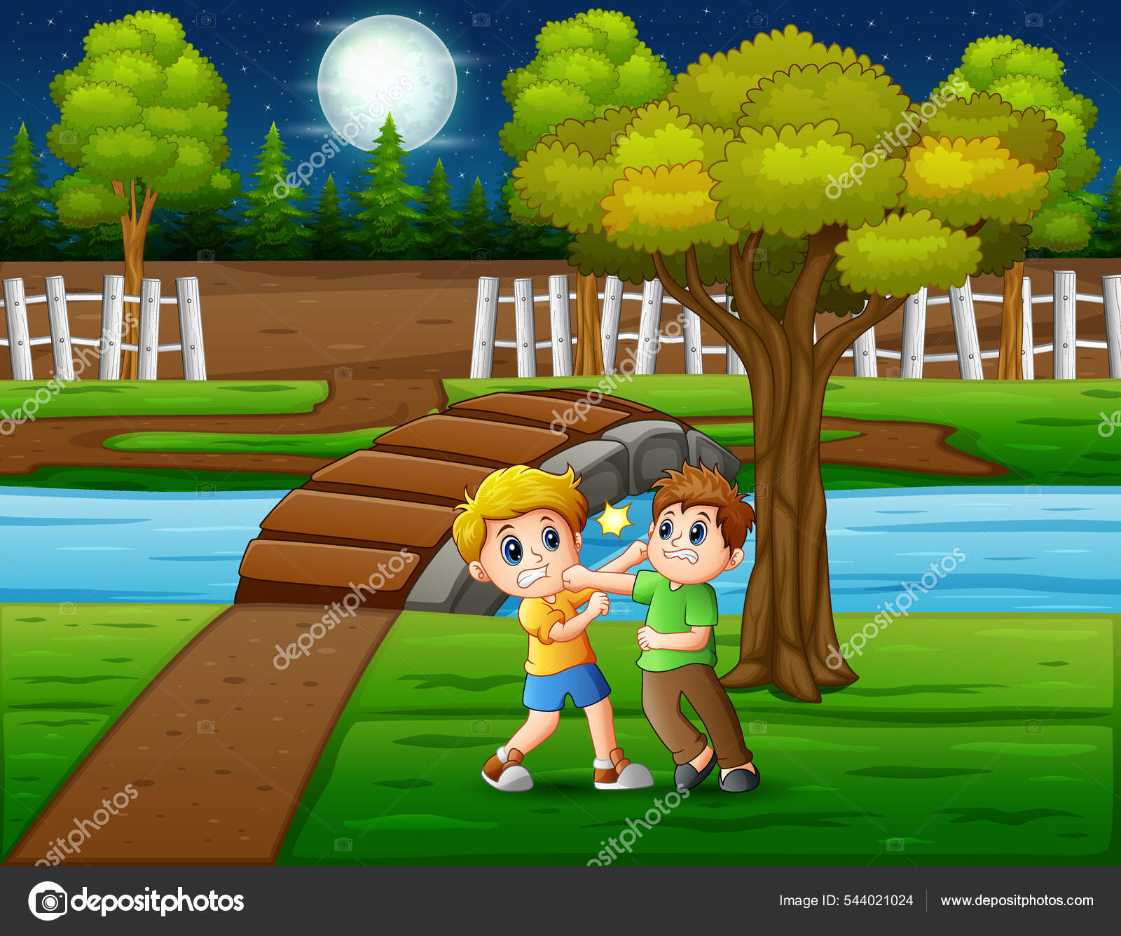 Cartoon Illustration Two Boys Fighting Night Stock Vector Image by ...