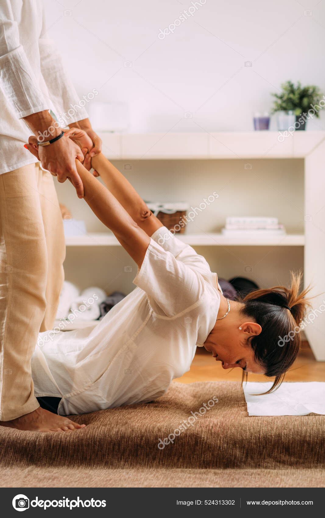 Therapist Stretching Womans Back Shiatsu Massage Stock Photo by ...