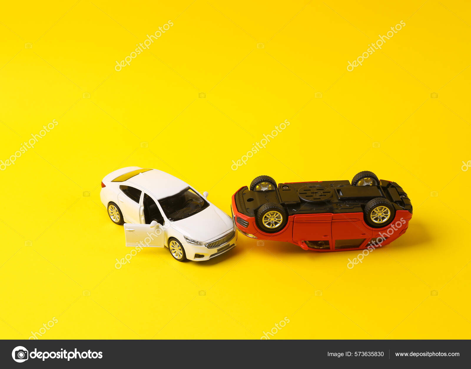 Two Mini Toy Car Crash Yellow Background Incident Car Traffic Stock ...