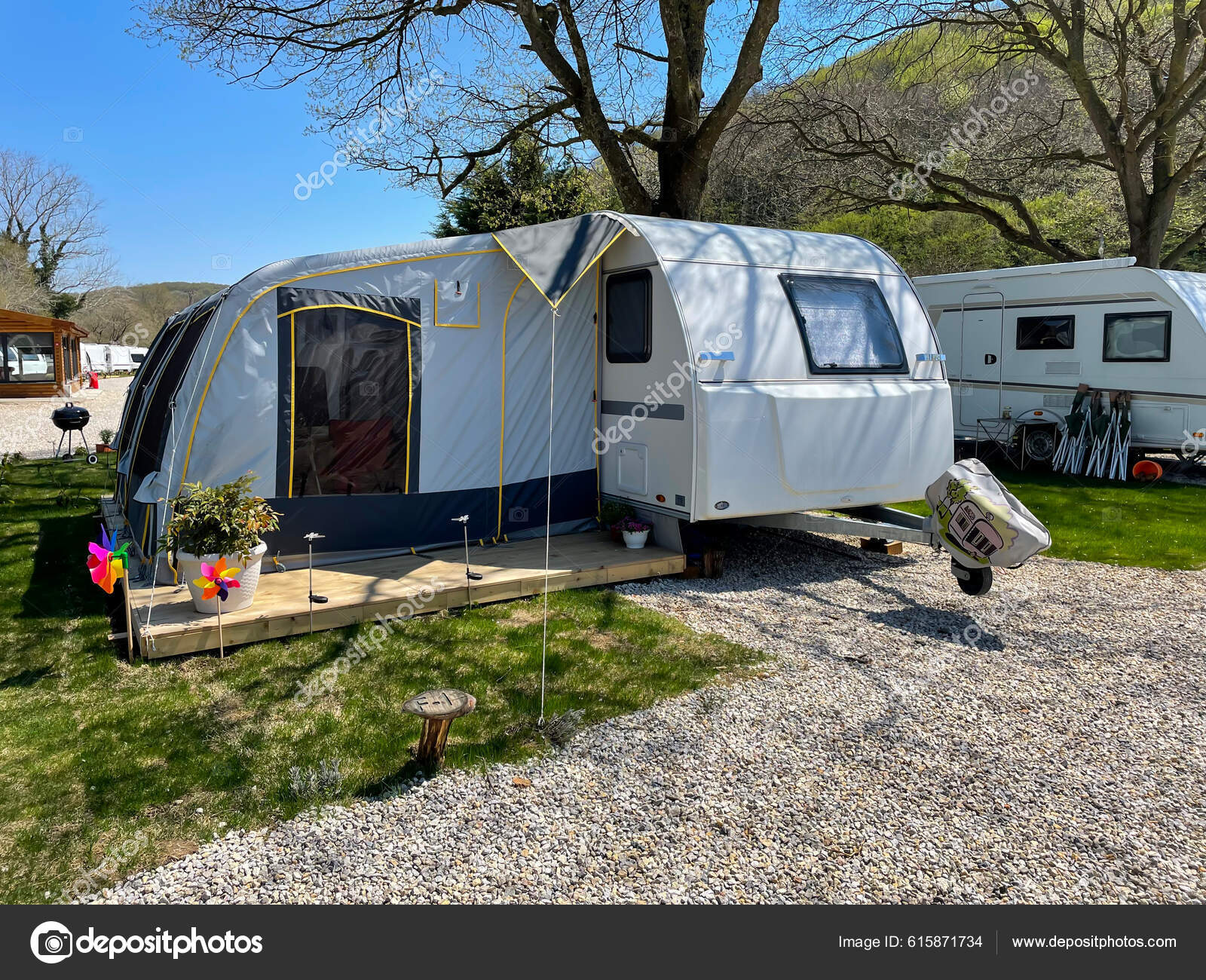 Open Tent Front Travel Trailer Caravan Campsite Caravan Camping Concept ...