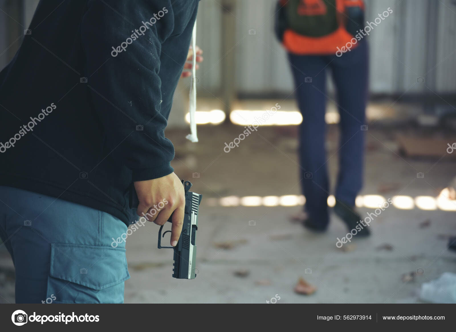 Thief Armed Man Rob Woman Gun Street Scared Shocked Face — Stock Photo ...