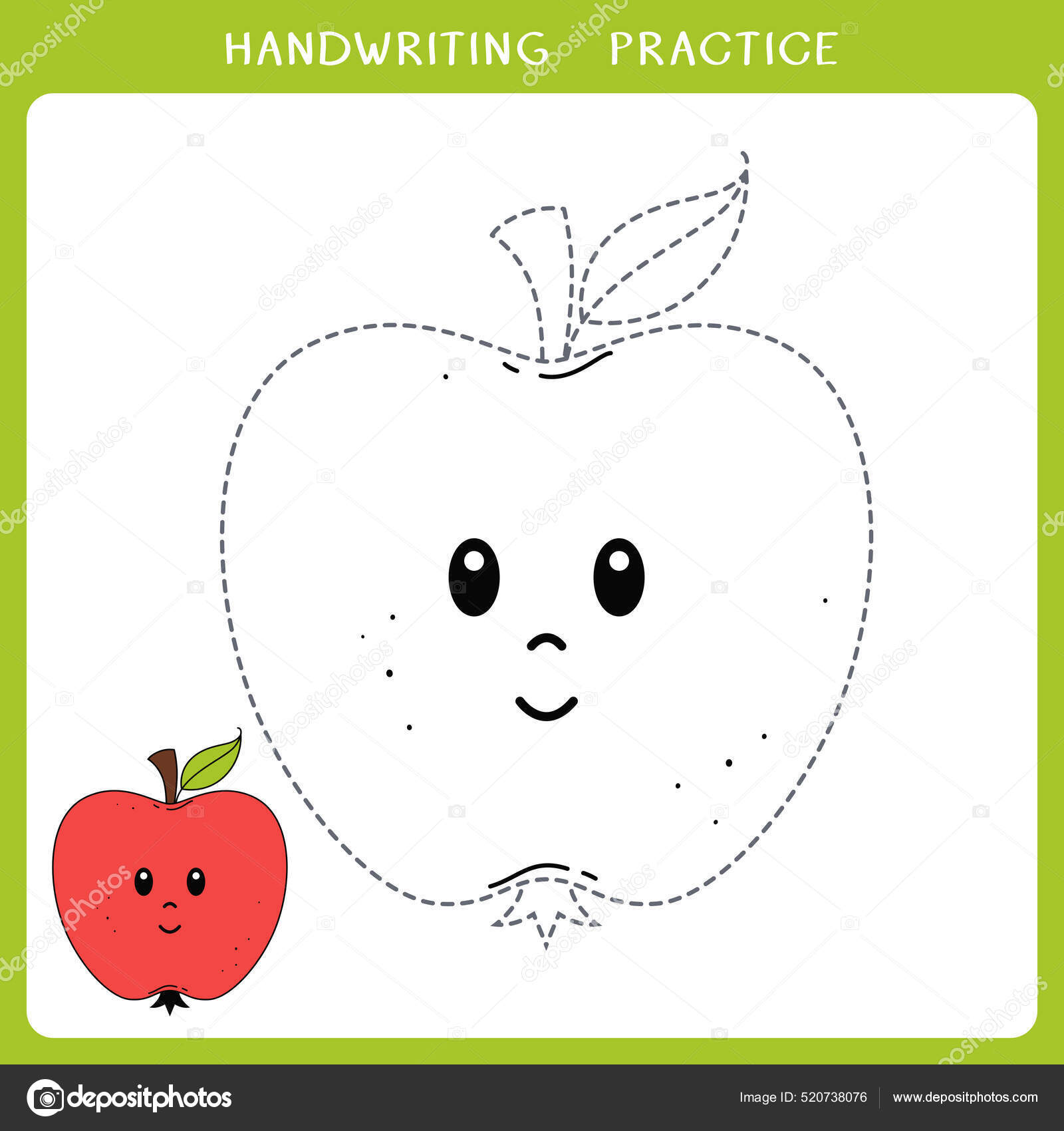 Handwriting Practice Sheet Simple Educational Game Kids Cute Apple ...