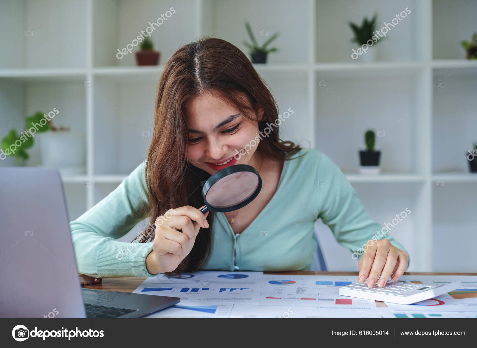 Half Bred Girl Audit Employee Accountant Holding Magnifying Glass Using ...