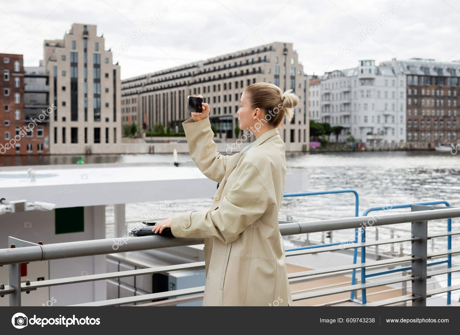 Side View Woman Trench Coat Taking Photo Cellphone River Berlin — Stock ...