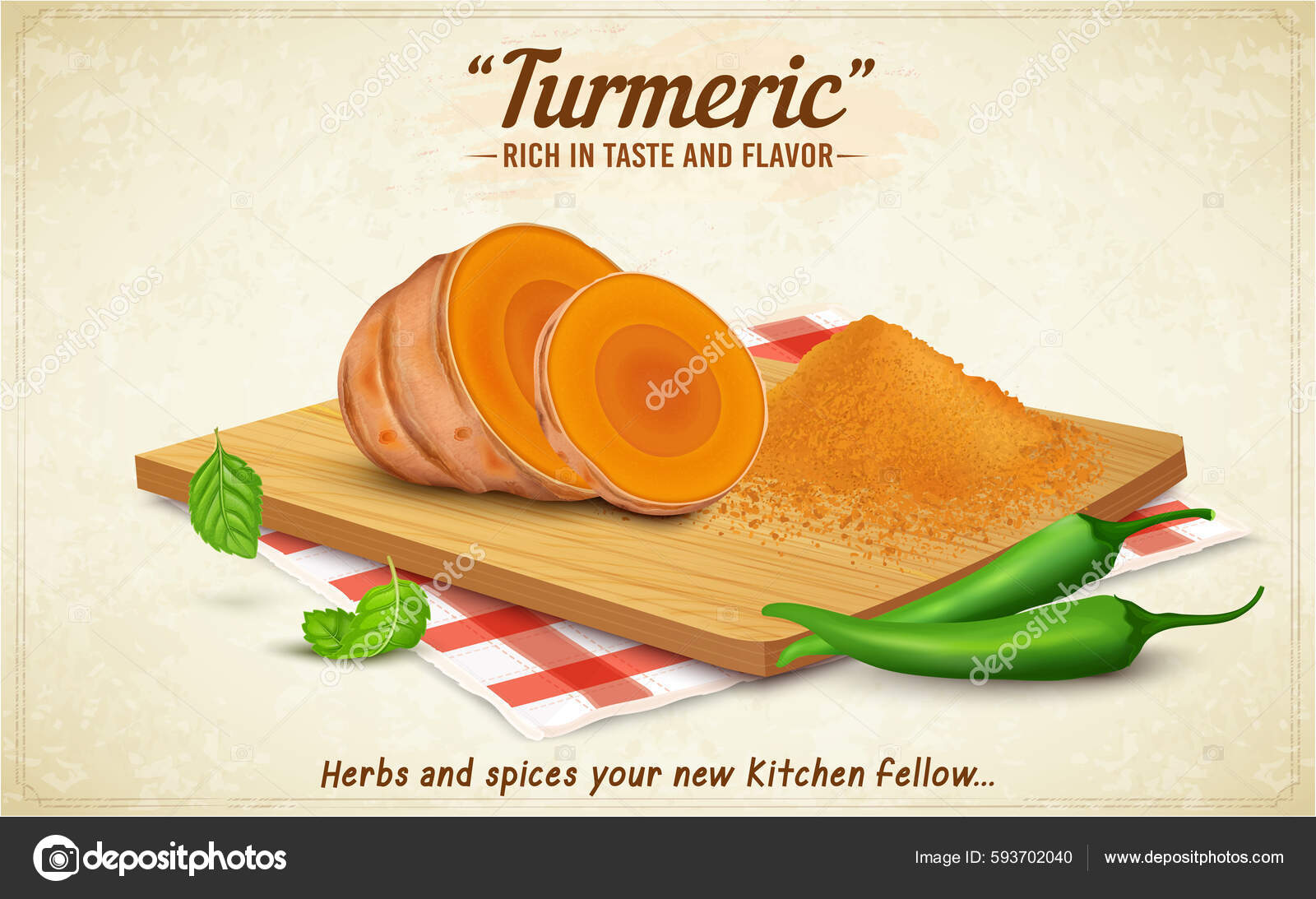 Fresh Chopped Turmeric Root Vector Illustration Green Chilli Brown ...