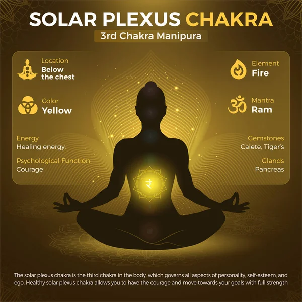 Plexo Solar Chakra, Manipura Símbolo Ubicación y Posición en la ilustración cuerpo-vector humano ...