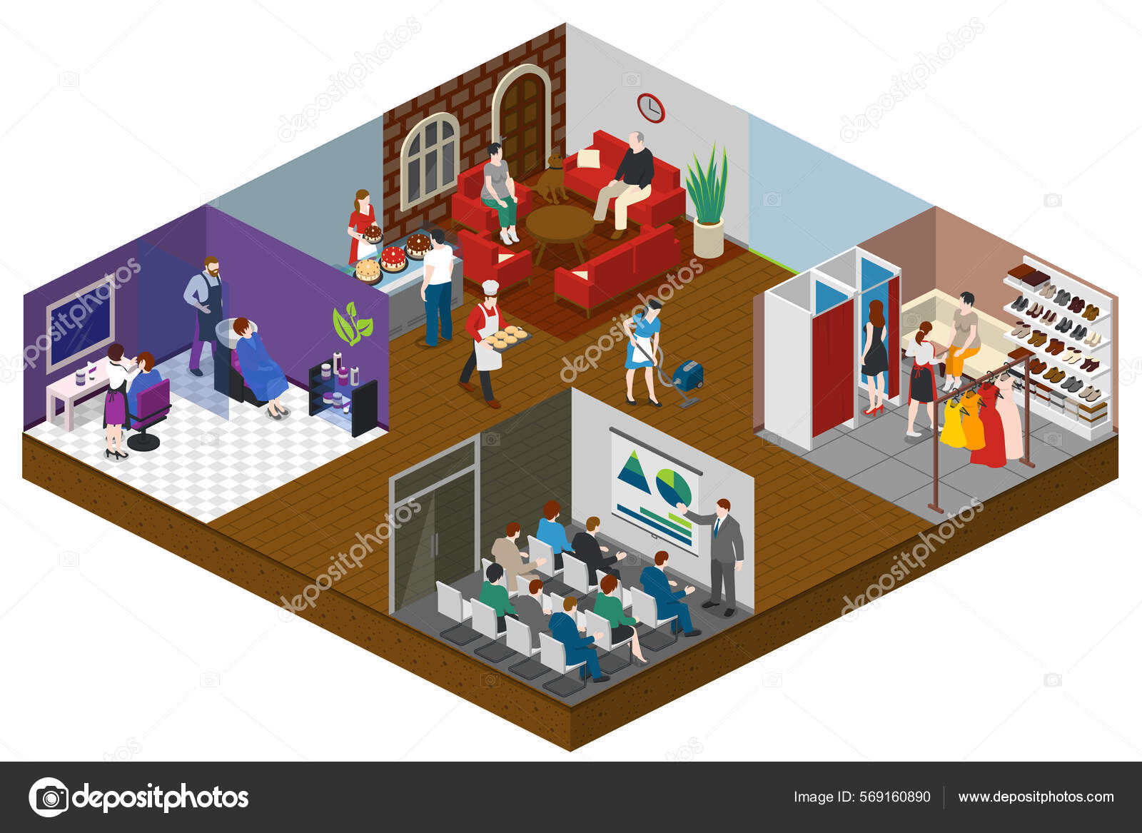 Daily Routine Man Woman Isometric Set Couple Eating Work Shopping Stock ...