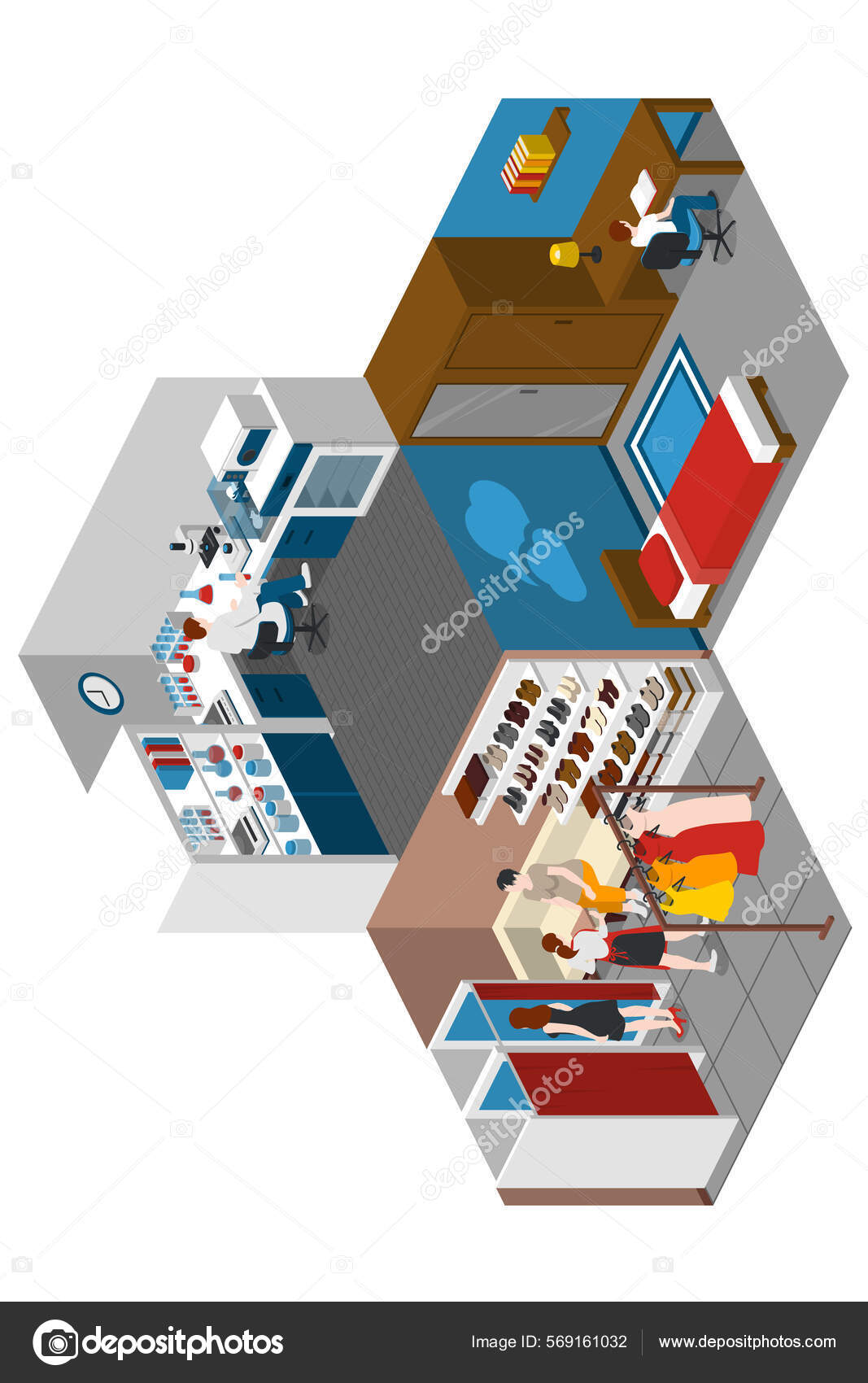Daily Routine Man Woman Isometric Set Couple Eating Work Shopping Stock ...